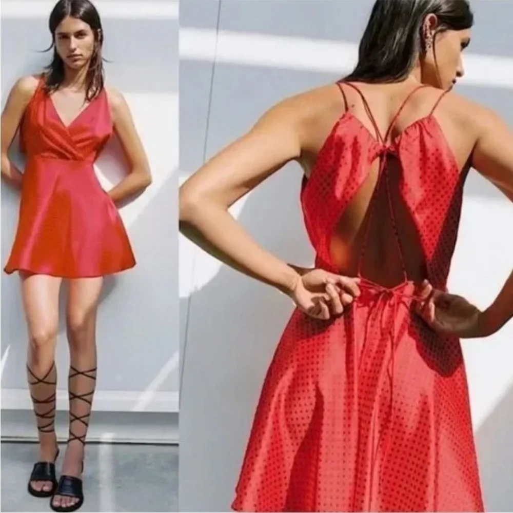 Zara | Dresses | Zara Red With Black Polka Dots Satin Open Back Mini ...
